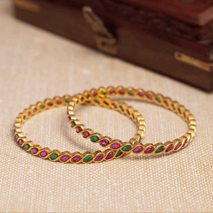 Shop 24k Gold Red & Green Ad Stone Bangles | Parakkat Jewels